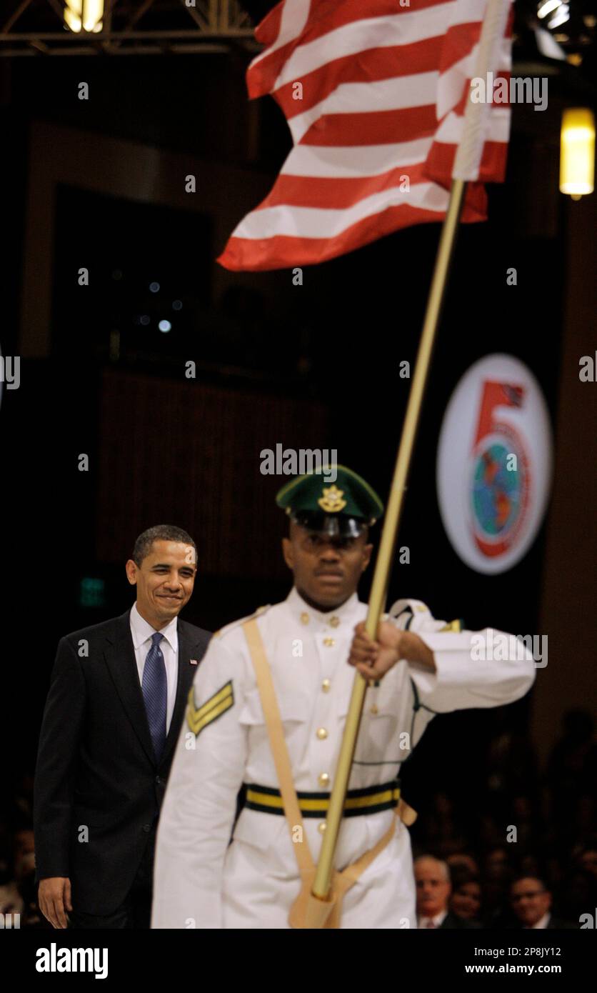President Barack Obama arrives to the opening session of the 5th Summit ...