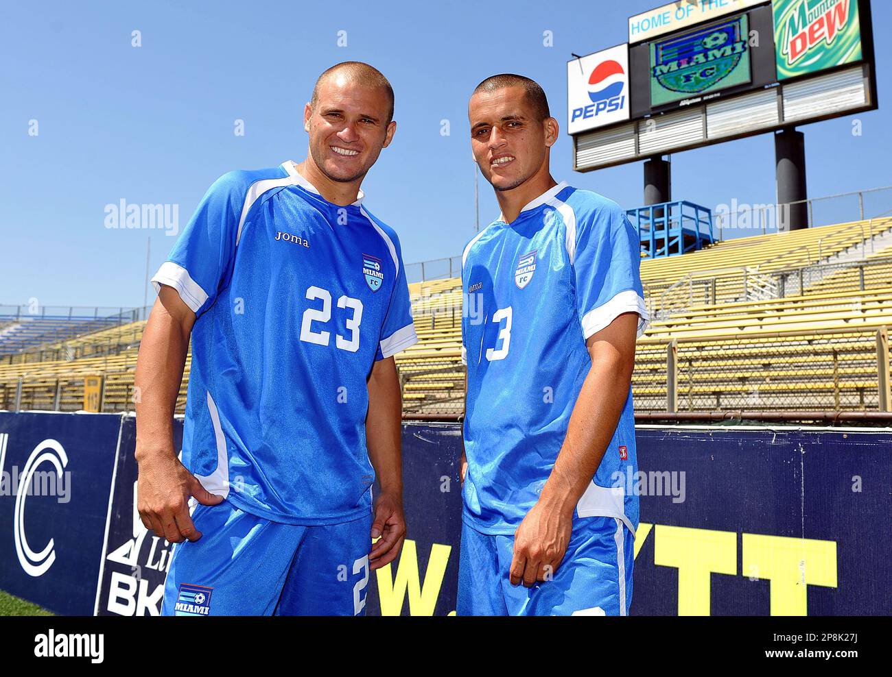 Miami FC soccer players Reinier Alcantara, left, and Pedro Faife pose ...