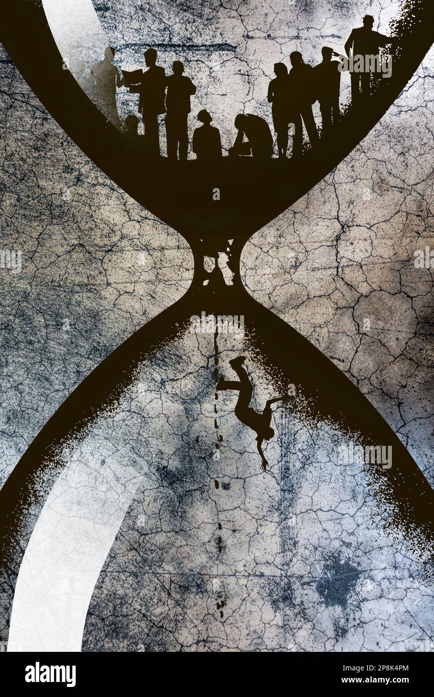 Time is running out is the theme of this image of people in an ...