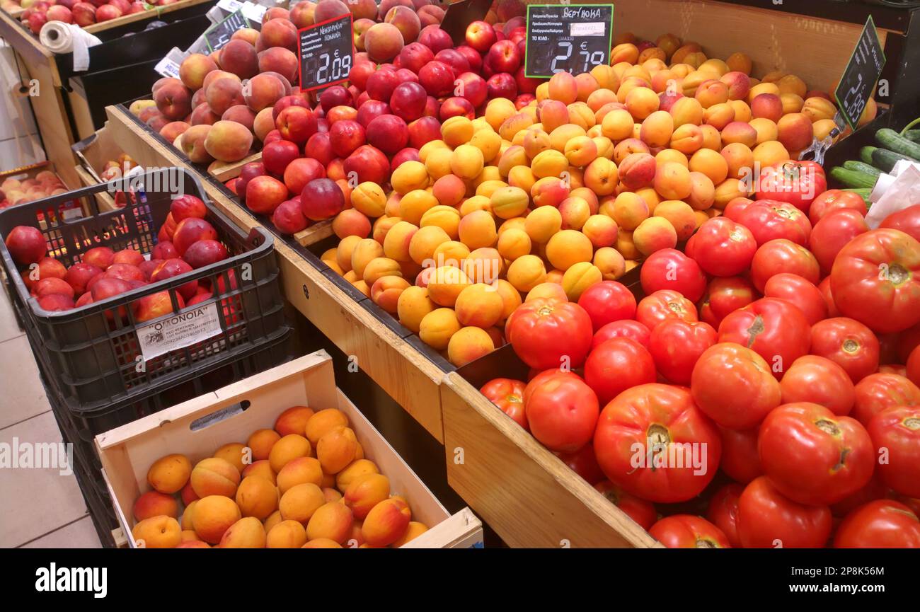 Sarti, Greece 24.07.2022 Fruits and vegetables in Ellinika super market ...