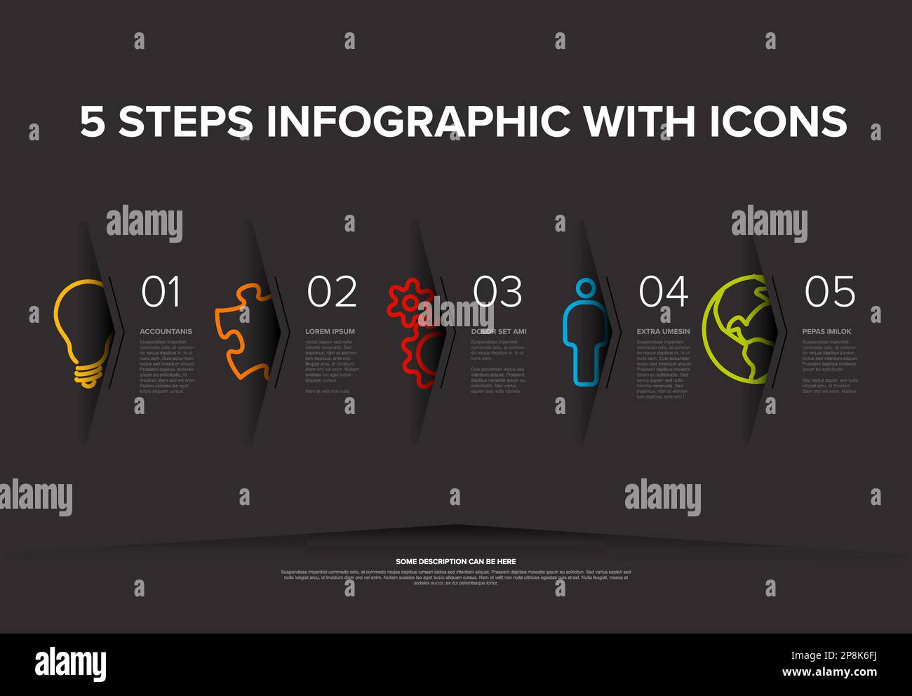 Vector five steps progress or options template with big icons and deep ...