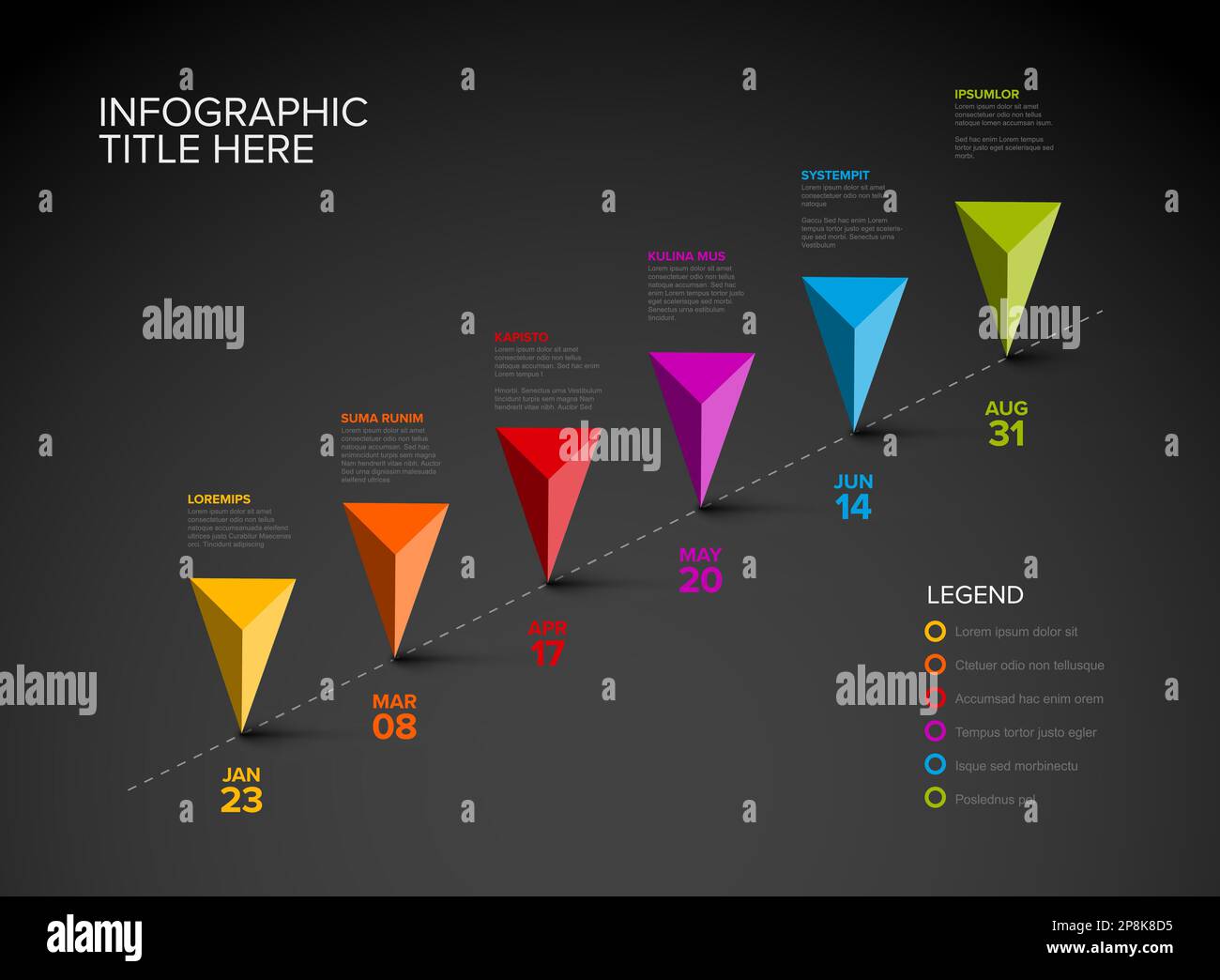 Colorful vector infographic timeline report template with six triangle ...