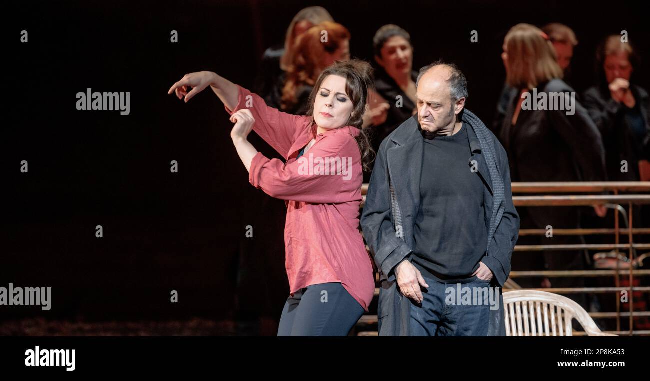 Hamburg, Germany. 08th Mar, 2023. Singers Elena Guseva as Giorgetta and ...