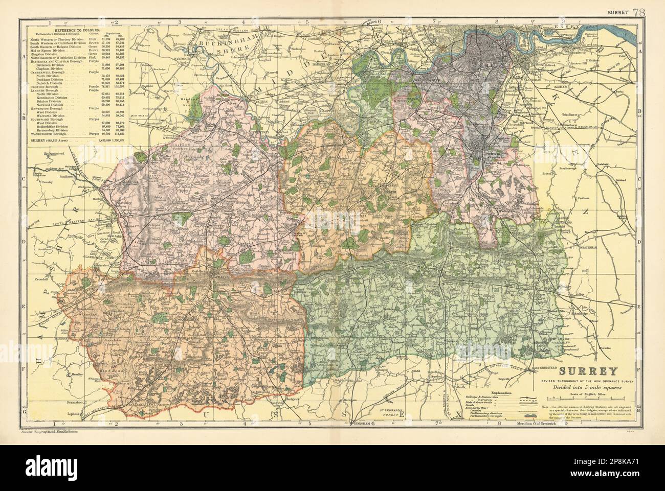 SURREY county map. Parliamentary constituencies divisions. Railways ...