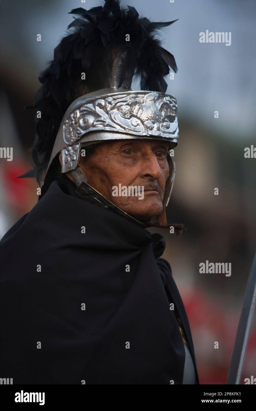 Jacinto Saenz, dressed as roman soldier, poses for a portrait during ...