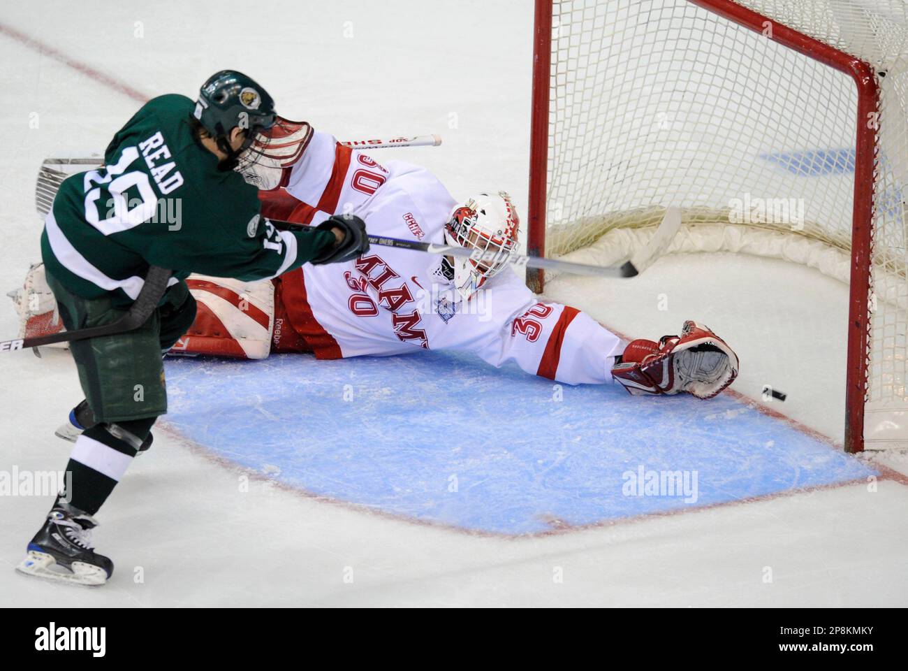 Bemidji State's Matt Read (19) scores a goal against Miami of Ohio ...