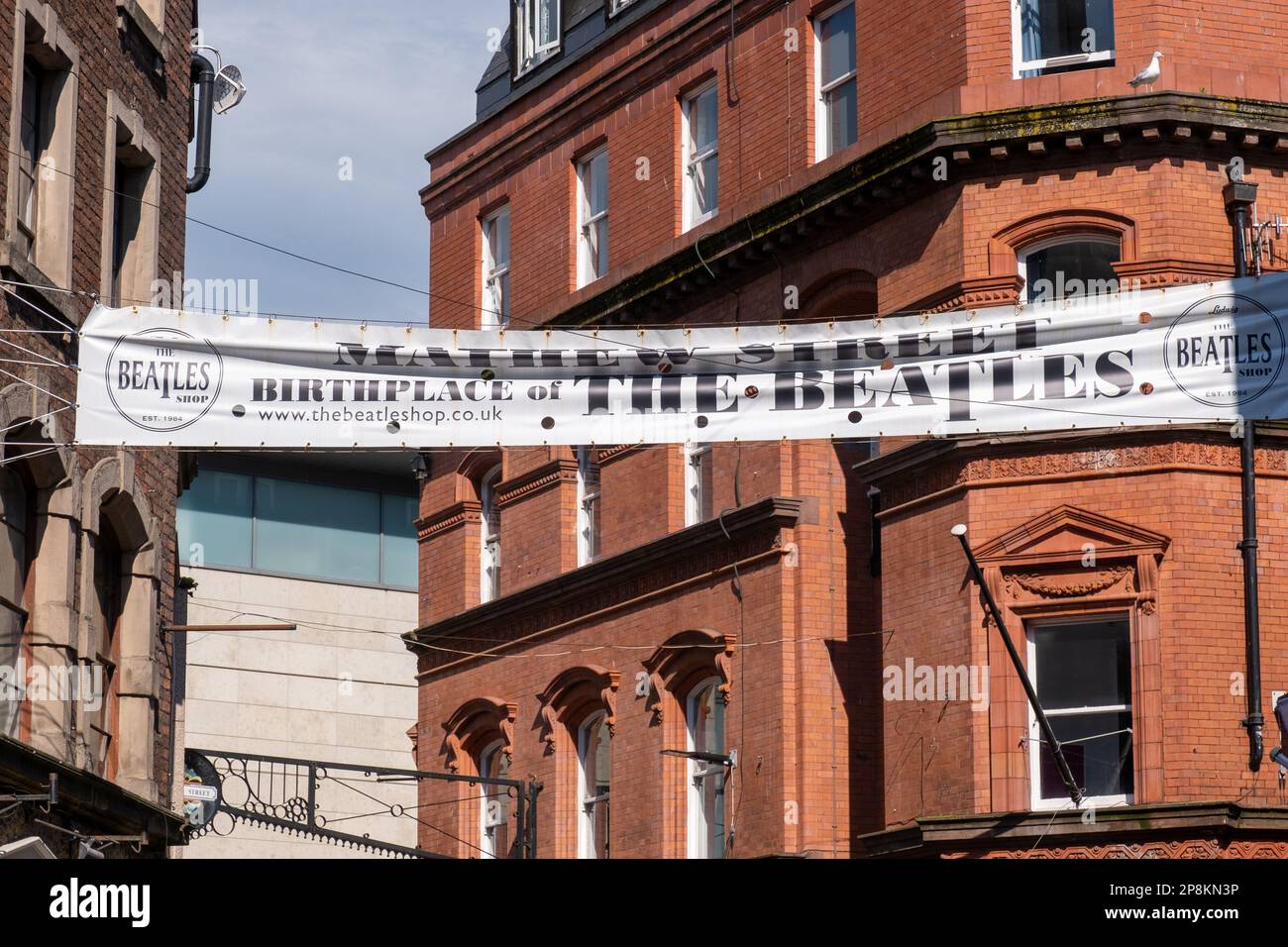 The Beatles birthplace banner across Mathew Street, part of the Cavern ...