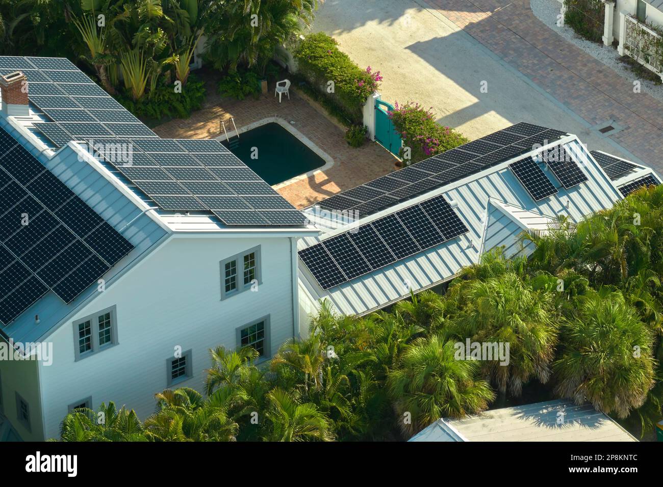 Aerial view of big expensive american building roof with solar ...
