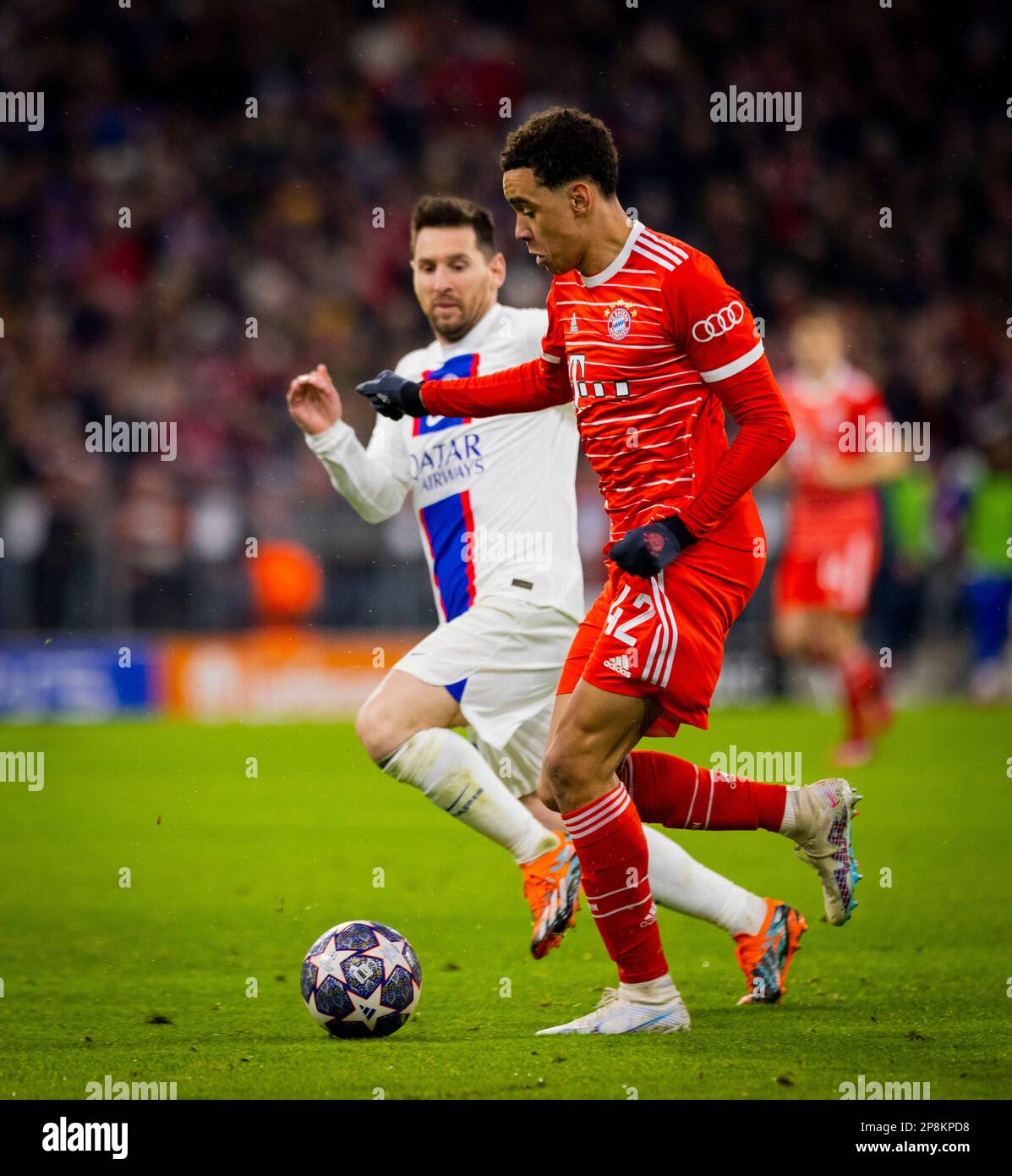 Munic, Germany. 8th Mar, 2023. Jamal Musiala (Muenchen), Lionel Messi ...
