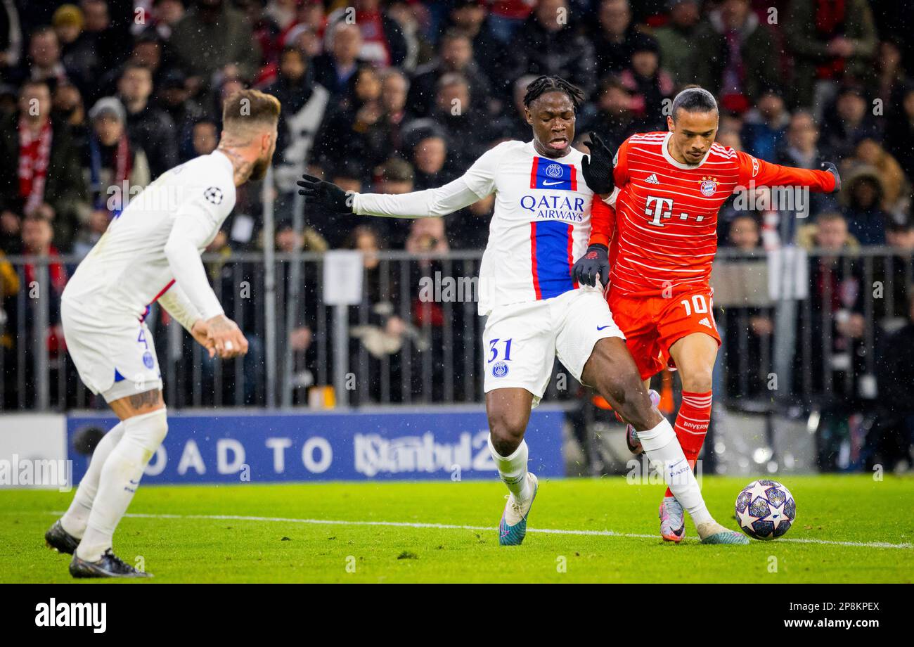 Munic, Germany. 8th Mar, 2023. El Chadaille Bitshiabu (PSG), Leroy Sane ...