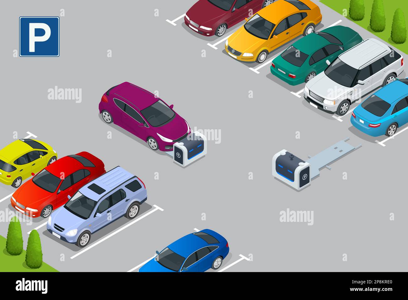 Isometric robot valet parking cars. Outdoor valet parking robot ...