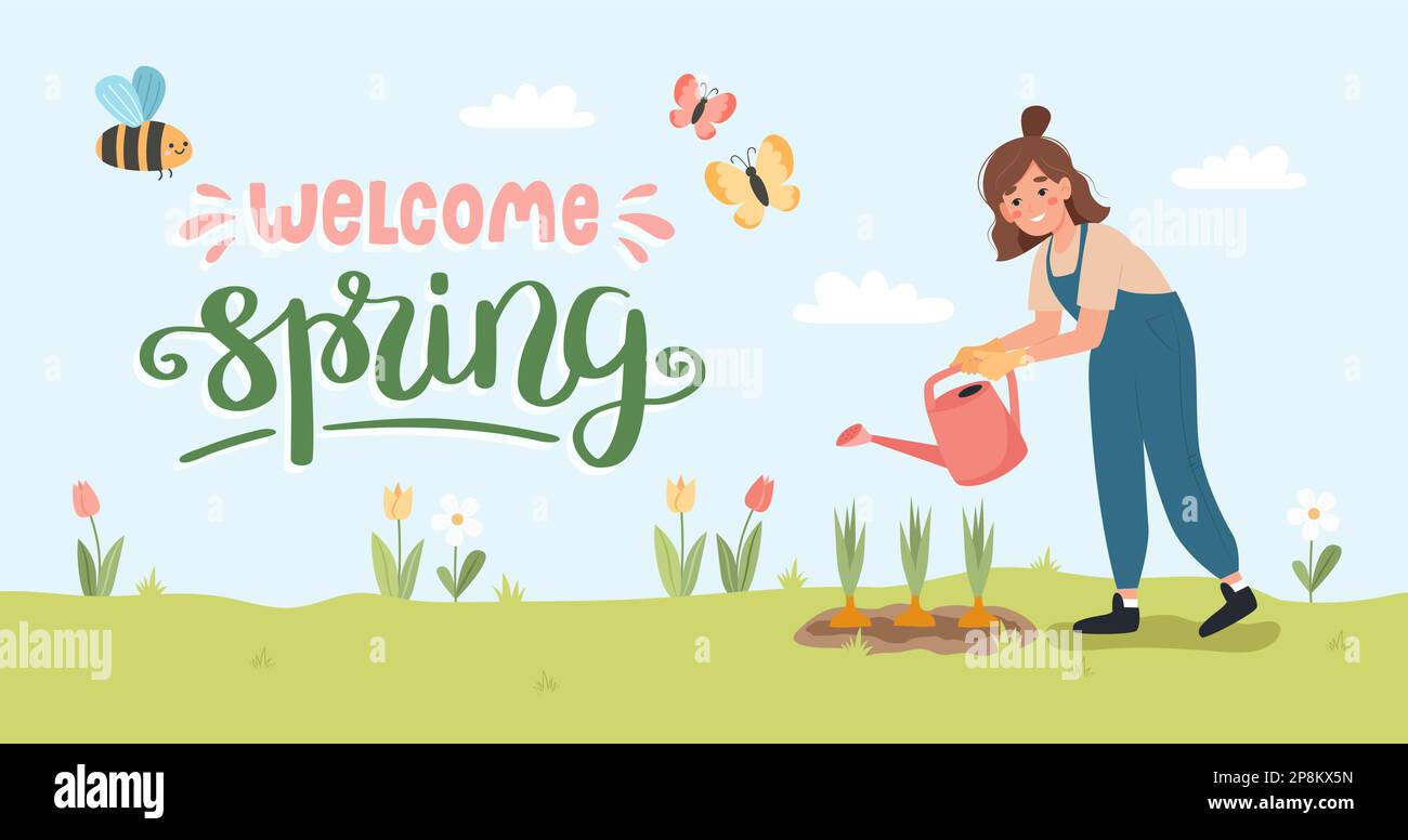 Woman with watering can. Female gardener watering plants in spring ...