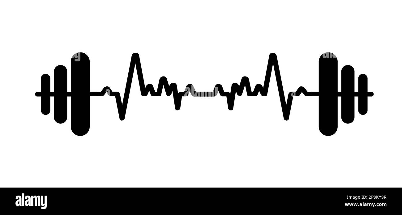 Cartoon barbell weight and heartbeat line pulse. icon or Strength ...