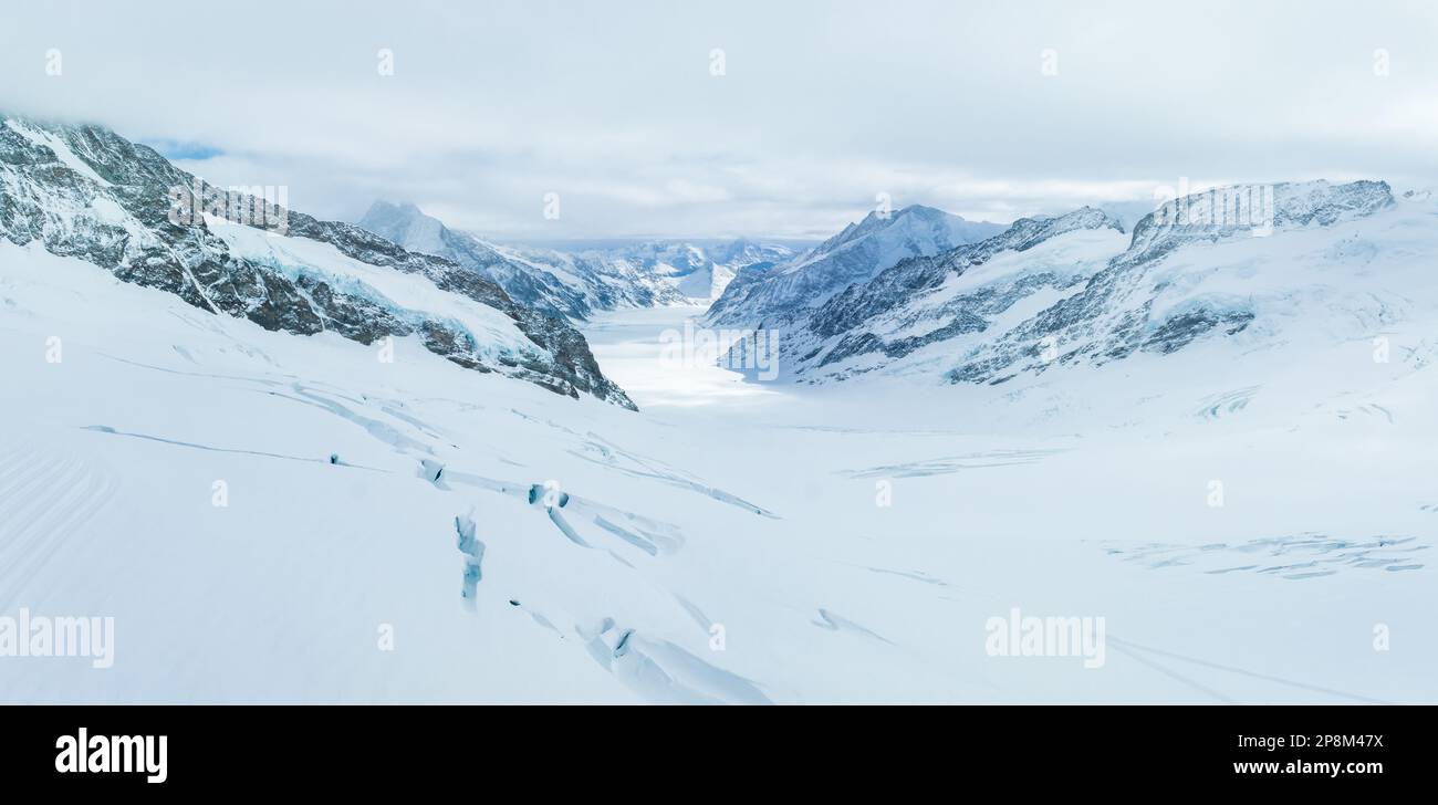 Aerial view of Great Aletsch Glacier, the largest glacier in the Alps ...