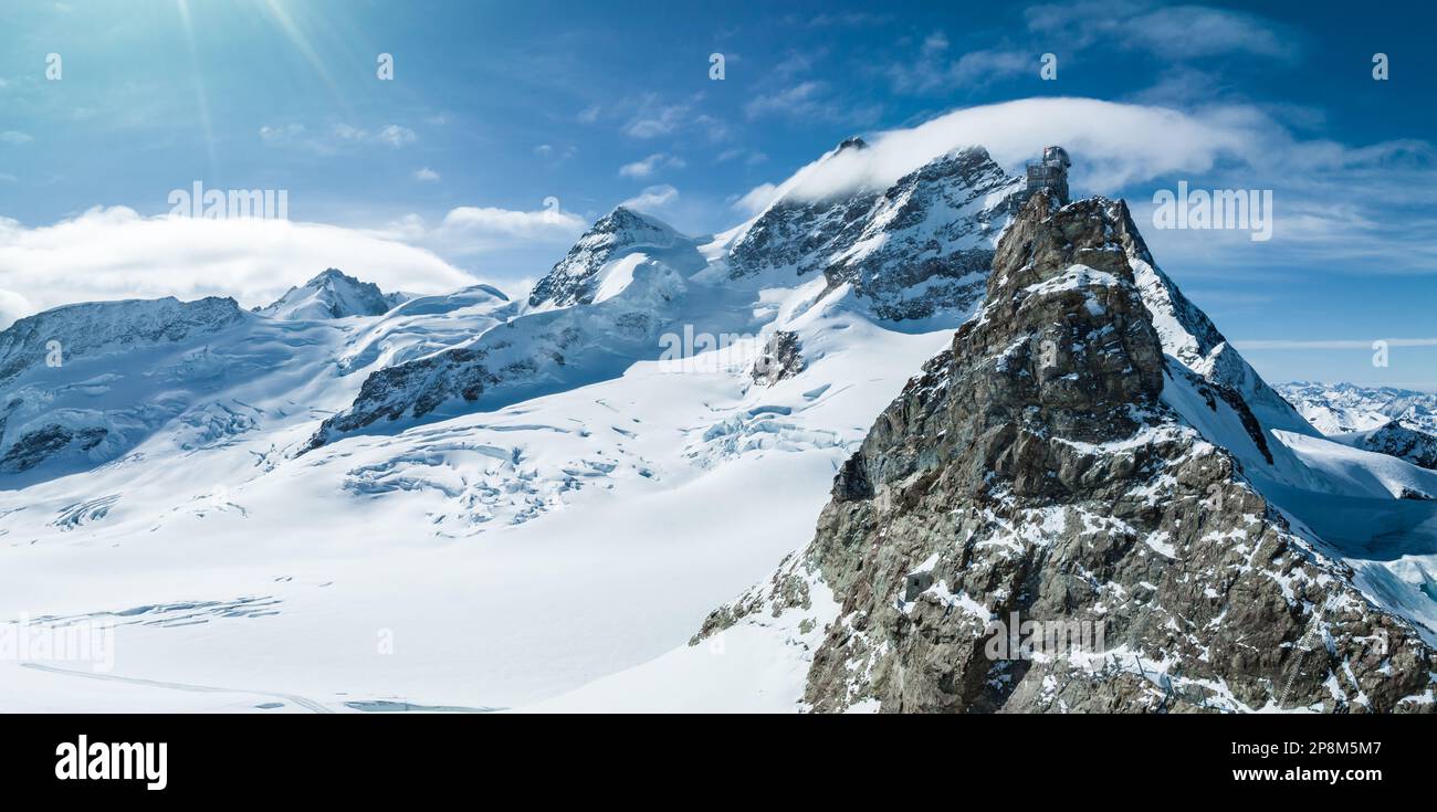 Aerial panorama view of the Sphinx Observatory on Jungfraujoch - Top of ...