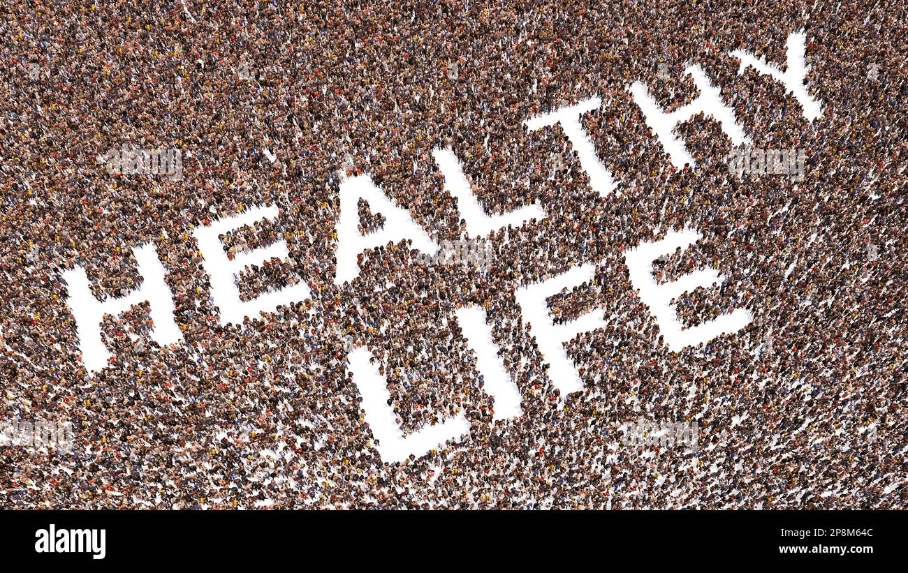 Conceptual community of people forming the HEALTHY LIFE message. 3d ...