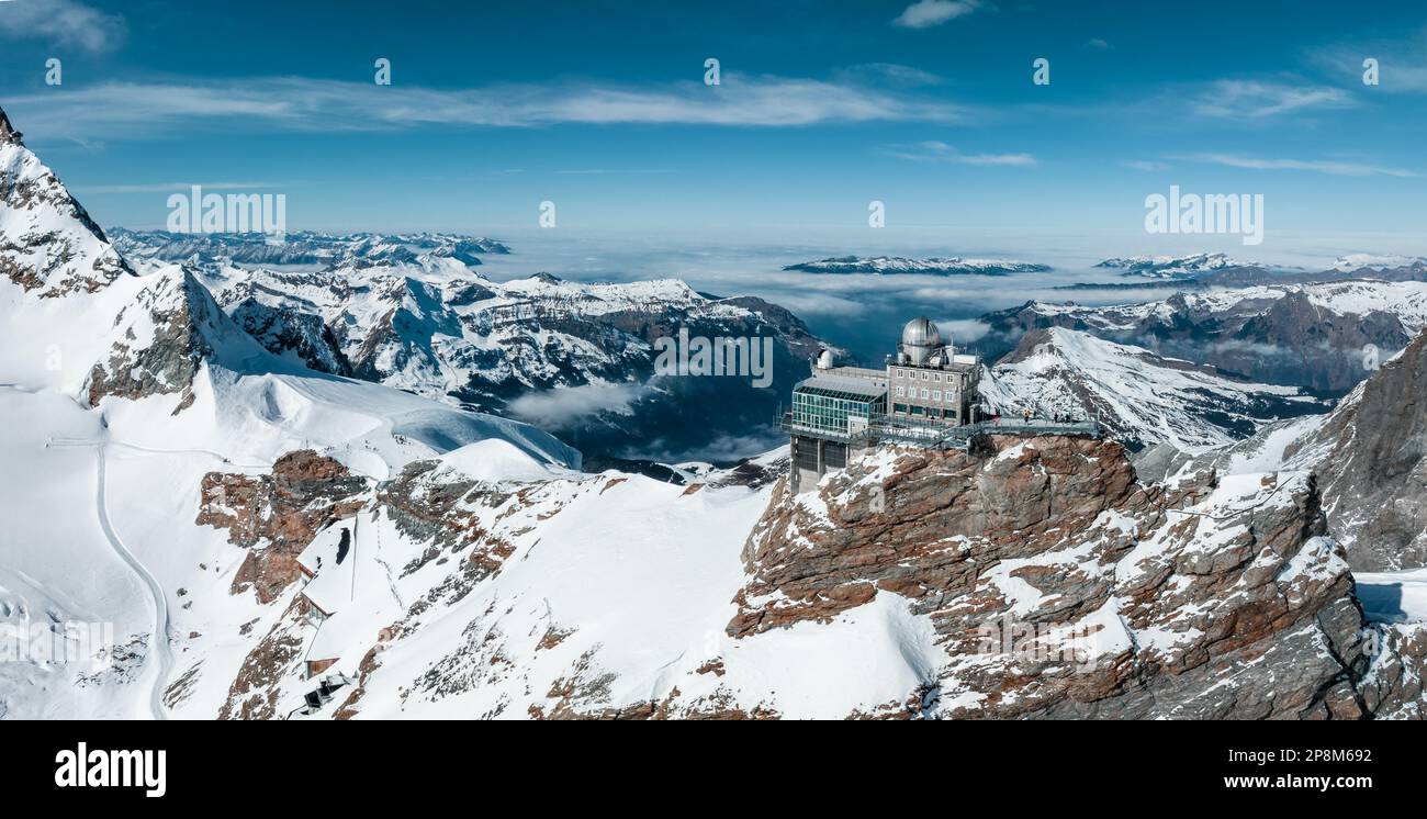 Aerial panorama view of the Sphinx Observatory on Jungfraujoch - Top of Europe Stock Photo - Alamy
