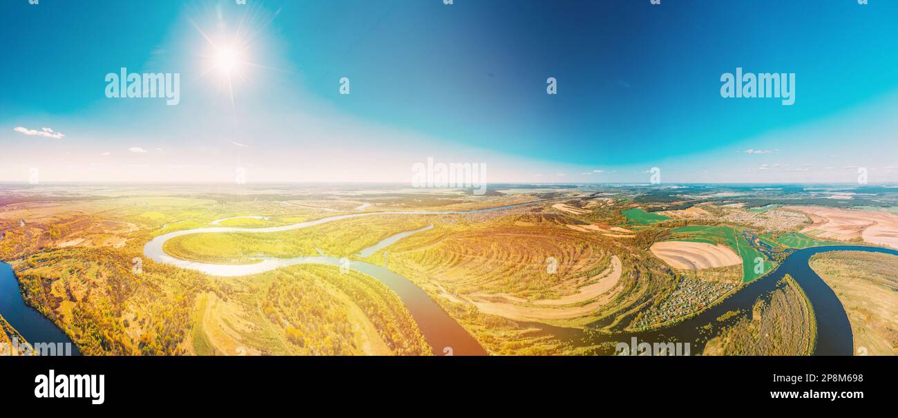 Panorama Aerial View Green Forest Woods And River Landscape In Sunny ...