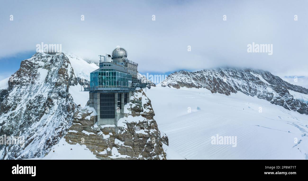 Aerial panorama view of the Sphinx Observatory on Jungfraujoch - Top of Europe Stock Photo - Alamy