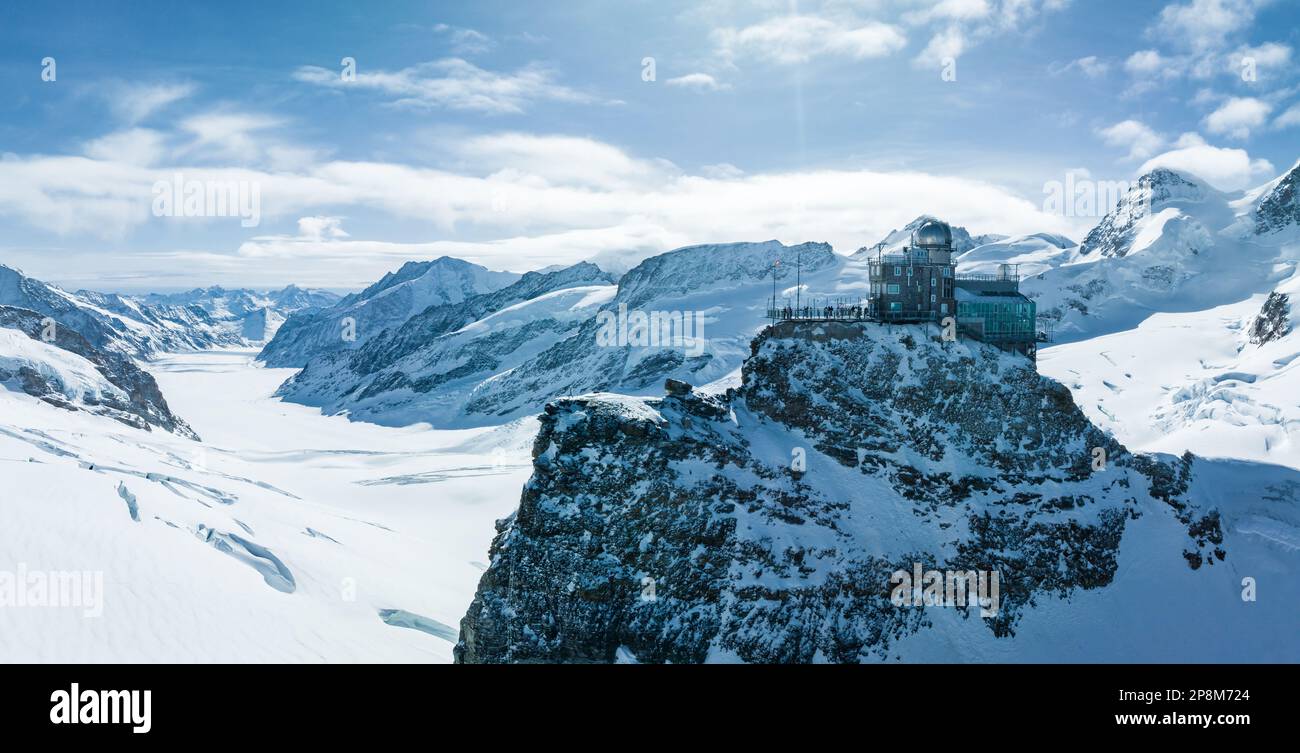Aerial panorama view of the Sphinx Observatory on Jungfraujoch - Top of Europe Stock Photo - Alamy