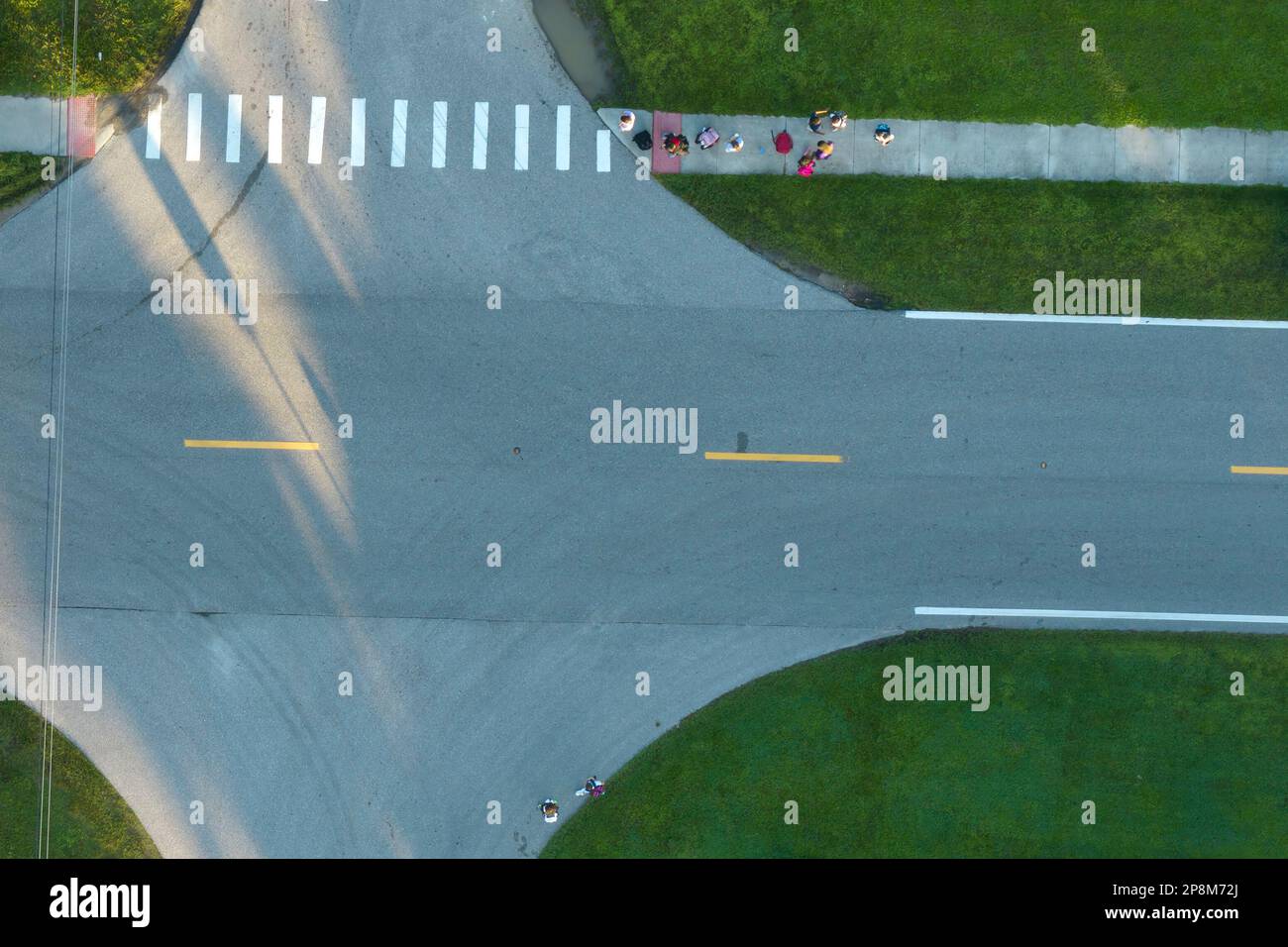 Aerial view of schoolchildren waiting for school bus to arrive. Kids ...