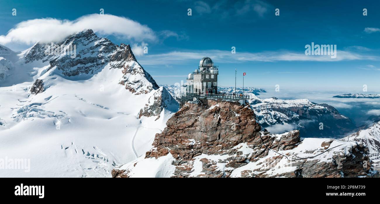Aerial panorama view of the Sphinx Observatory on Jungfraujoch - Top of Europe Stock Photo - Alamy