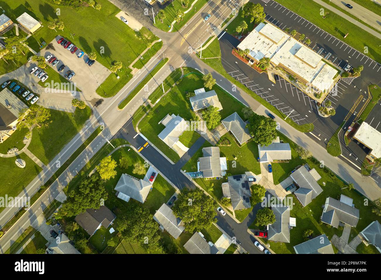 Aerial view of small town America suburban landscape with private homes ...