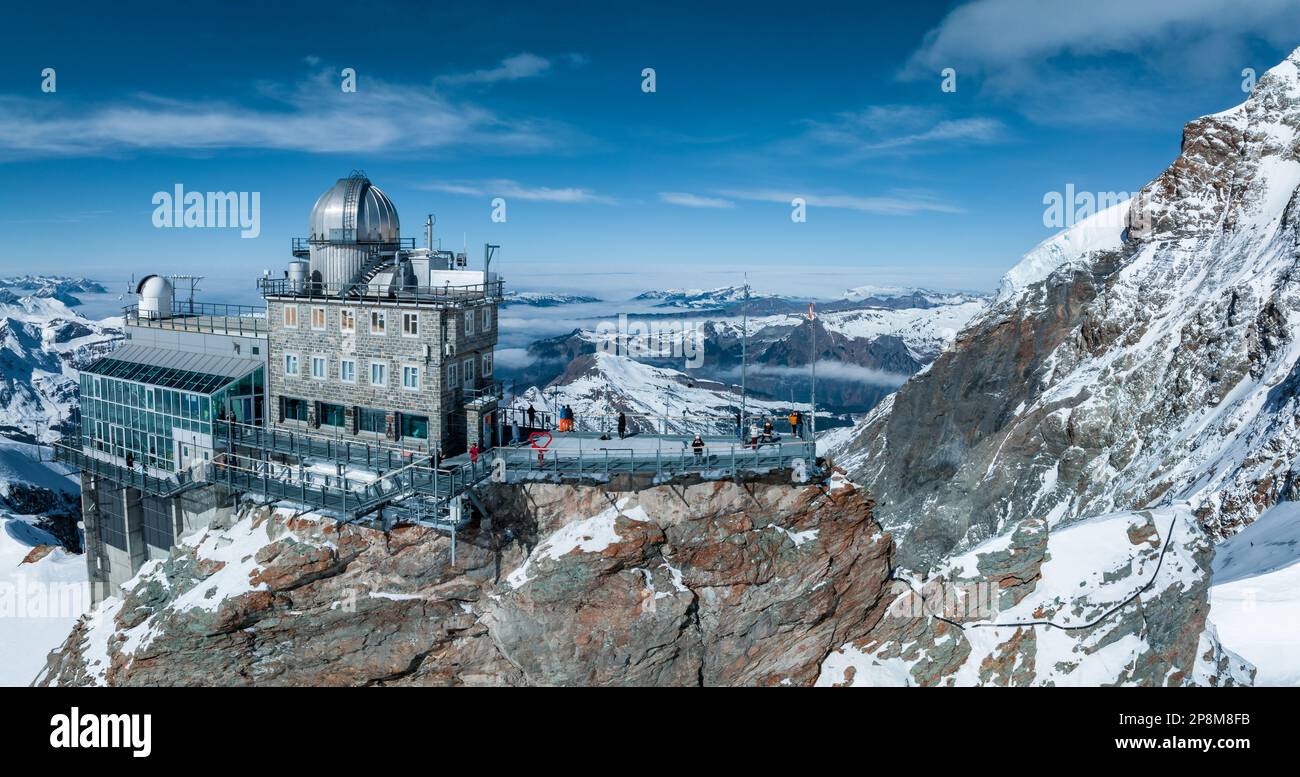 Aerial panorama view of the Sphinx Observatory on Jungfraujoch - Top of ...