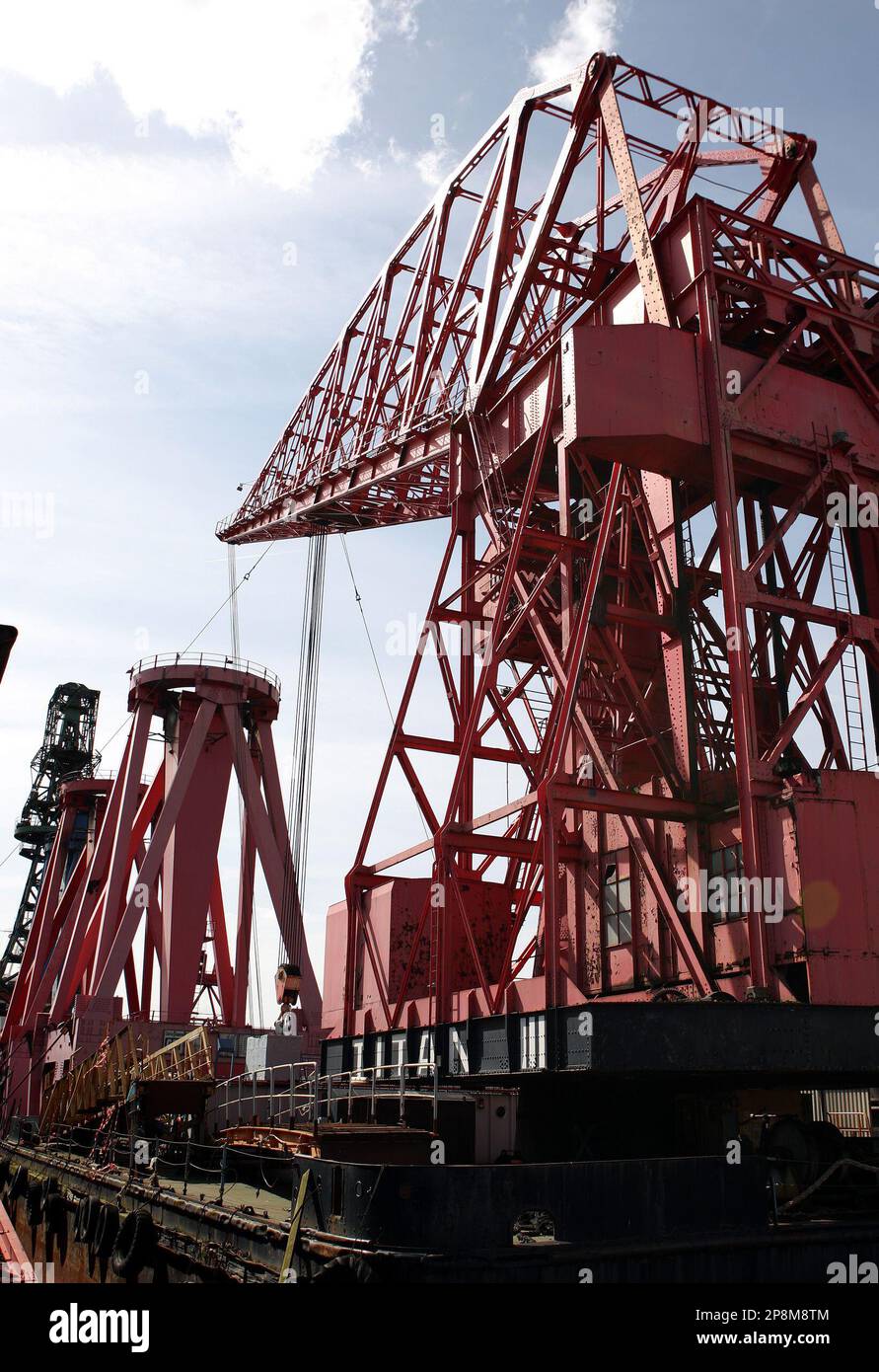 The famous Swan Hunters shipyard cranes are seen on board the vessel ...