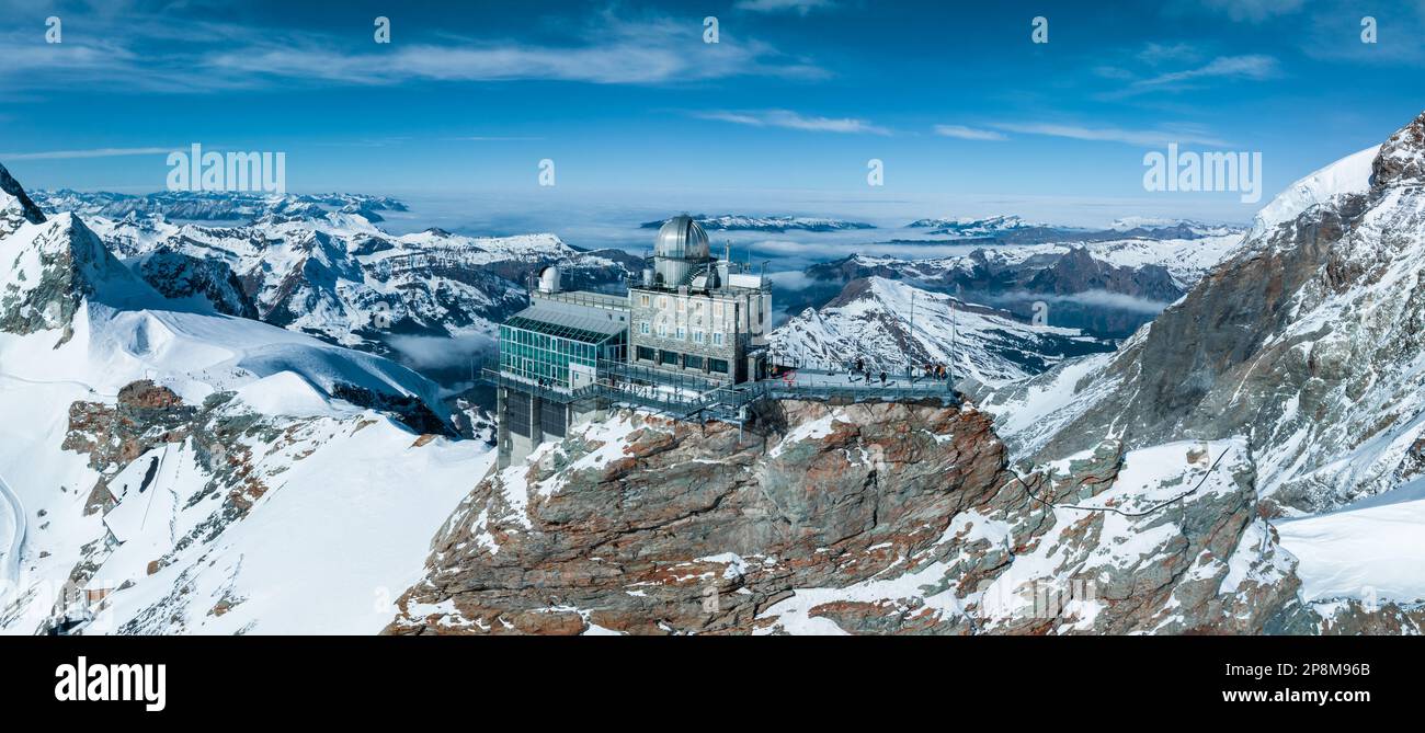 Aerial panorama view of the Sphinx Observatory on Jungfraujoch - Top of Europe Stock Photo - Alamy