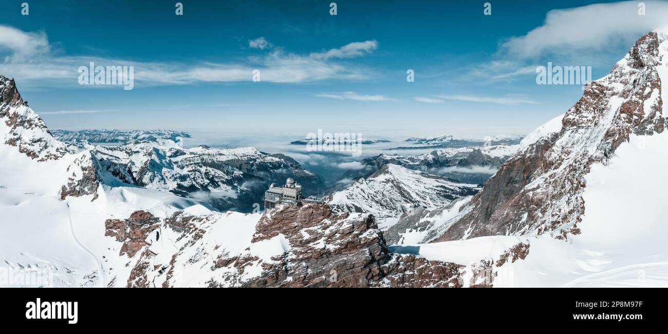 Aerial panorama view of the Sphinx Observatory on Jungfraujoch - Top of ...