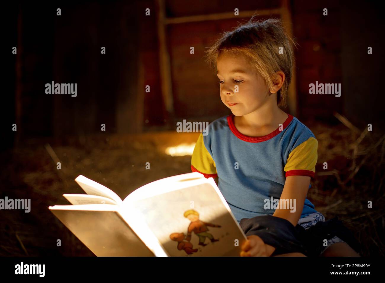 Amazing little blond child, boy, reading a book in a mystic cozy room ...