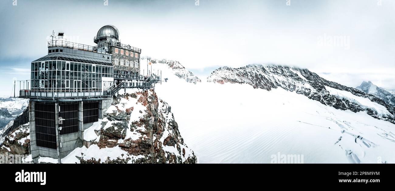 Aerial panorama view of the Sphinx Observatory on Jungfraujoch - Top of Europe Stock Photo - Alamy