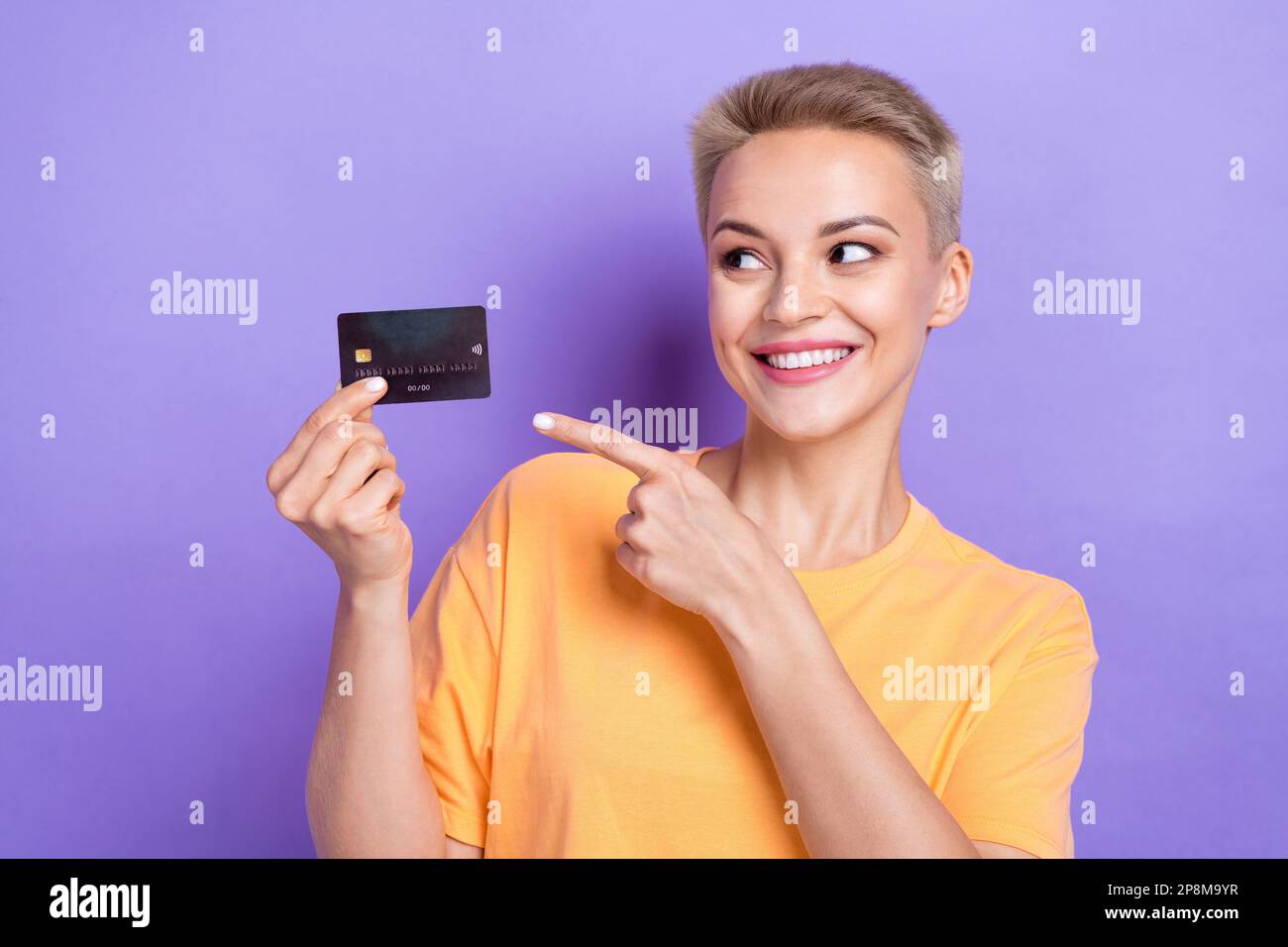 Portrait of charming cheerful girl toothy smile look direct finger arm ...