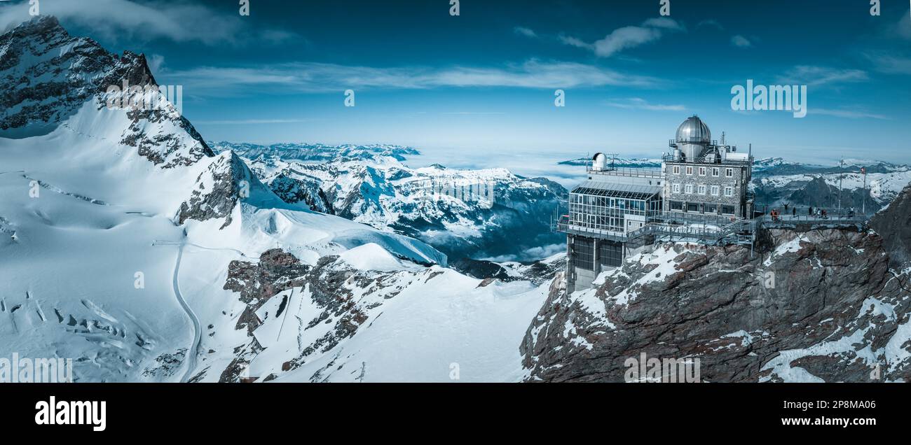 Aerial panorama view of the Sphinx Observatory on Jungfraujoch - Top of Europe Stock Photo - Alamy