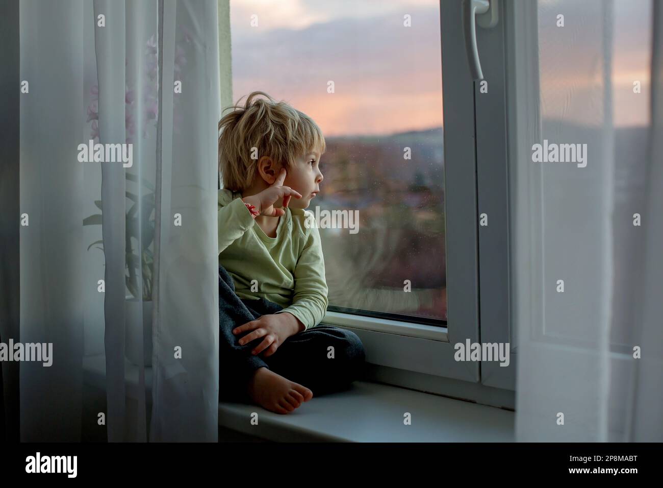Blond toddler child, sitting on the window on sunset, looking out Stock ...