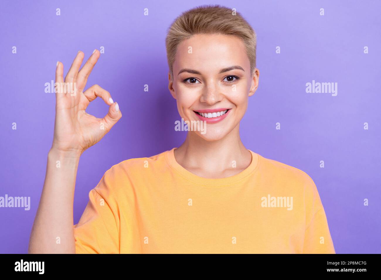 Portrait of gorgeous cheerful girl beaming smile hand fingers ...