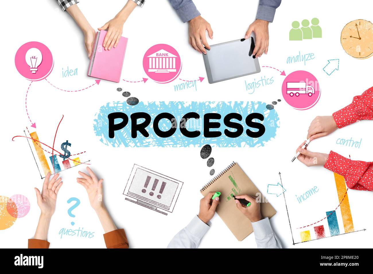 Discussing business process. People and different illustrations on ...