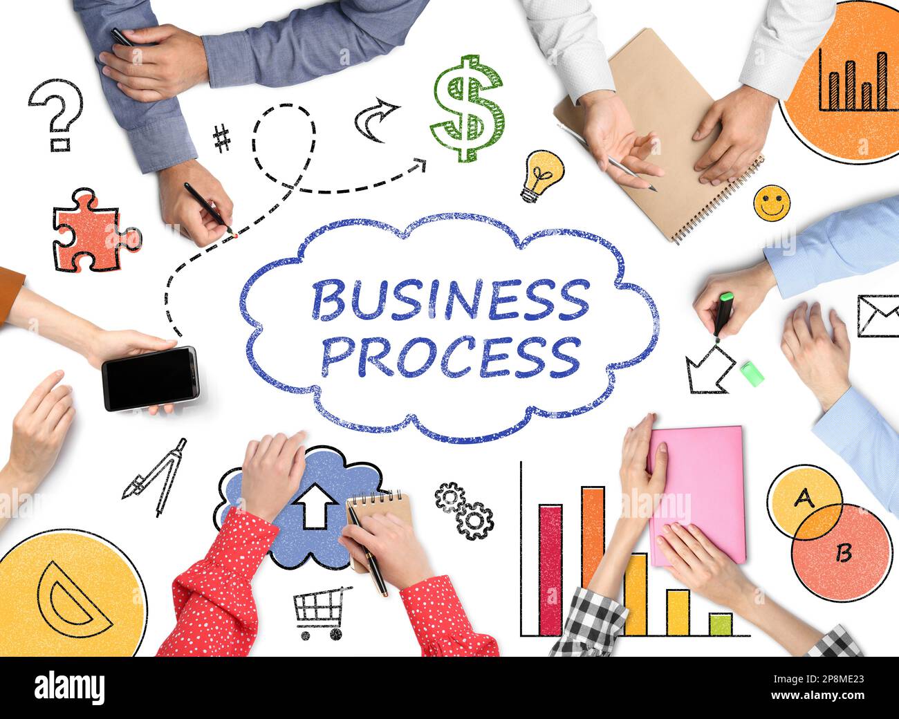 Discussing business process. People and different illustrations on ...