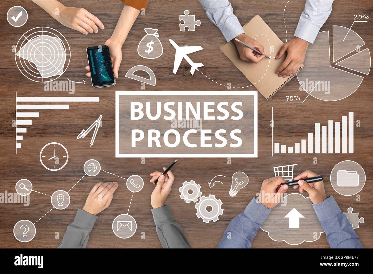 Discussing business process. People and different illustrations on ...