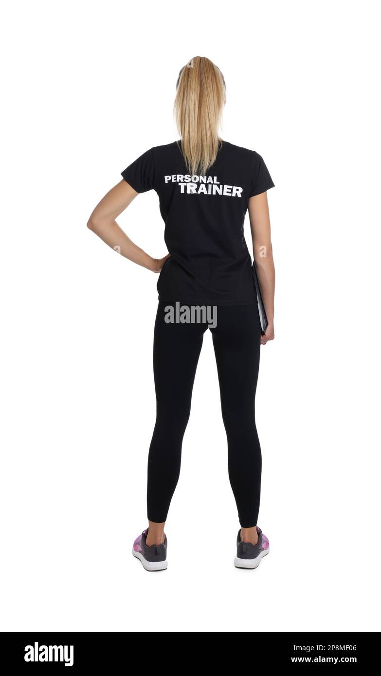 Personal trainer with clipboard on white background, back view. Gym ...