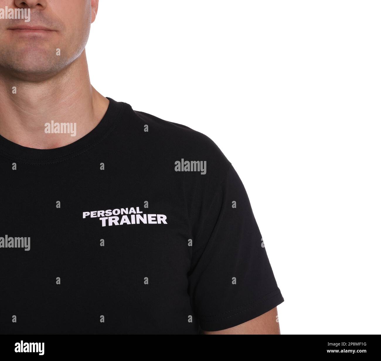 Personal trainer in uniform on white background, closeup. Gym ...