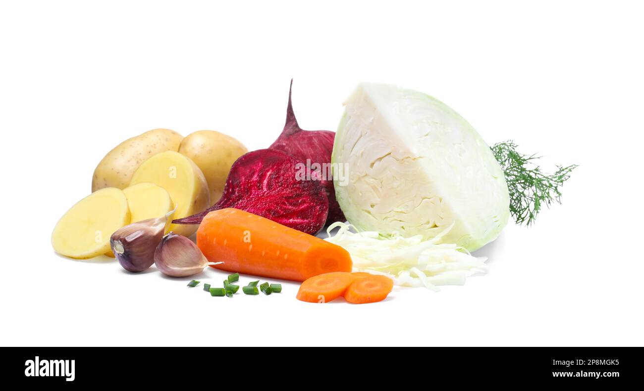Ingredients for traditional borscht on white background Stock Photo - Alamy