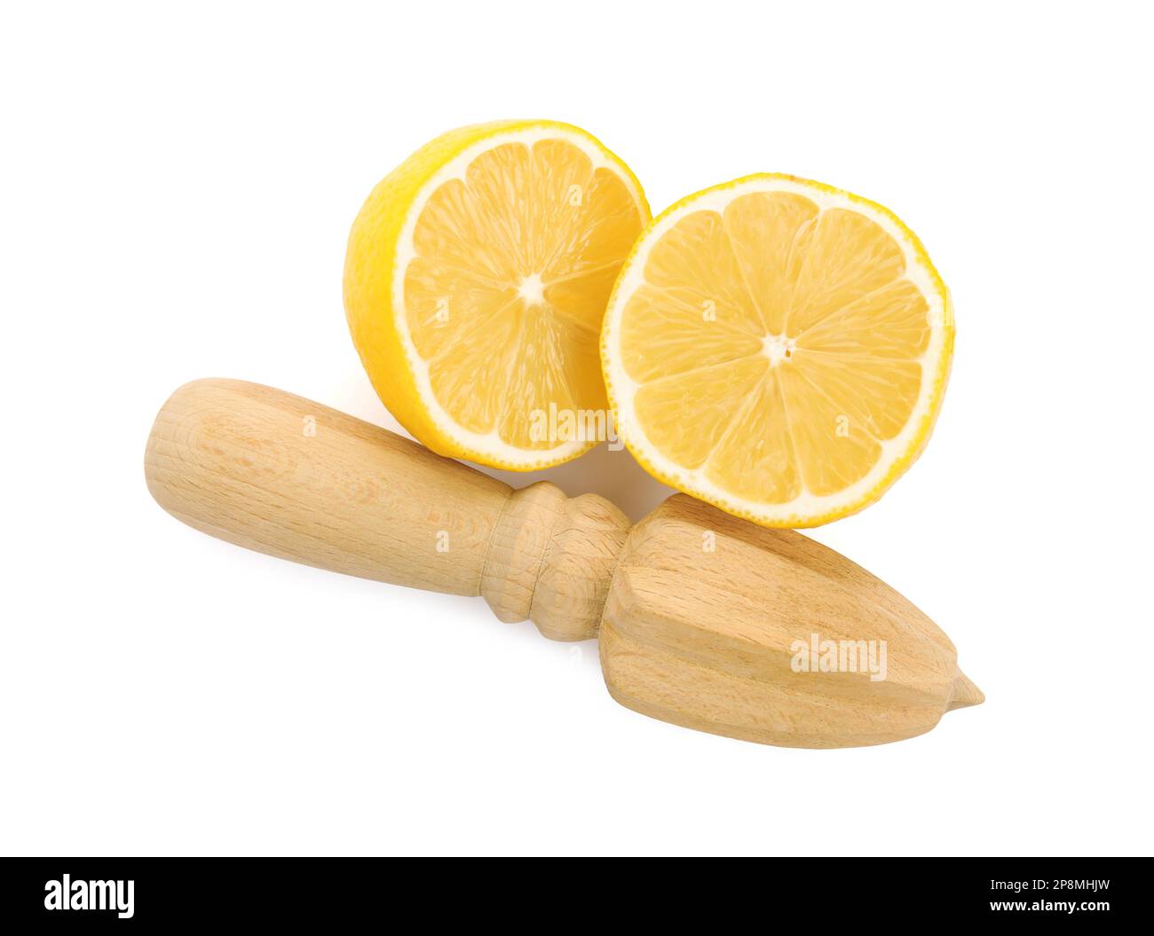 Wooden citrus reamer and fresh lemon on white background, top view ...