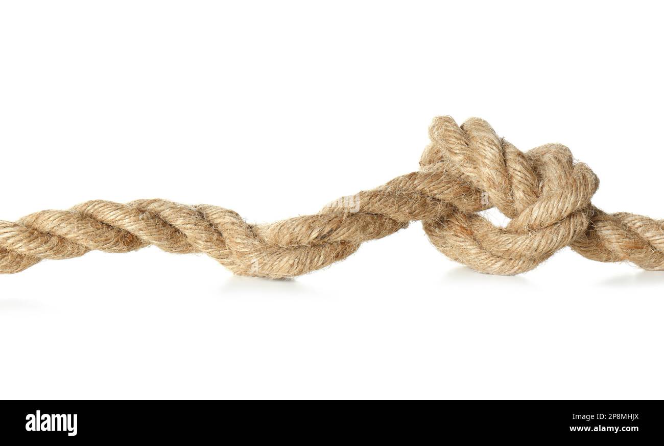 Hemp rope with knot on white background Stock Photo - Alamy
