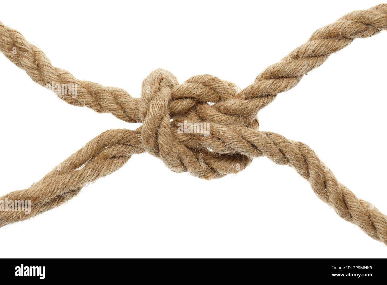 Hemp rope with square knot on white background Stock Photo - Alamy