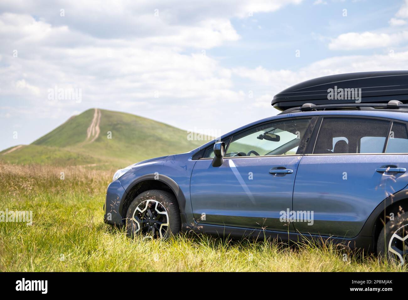 Blue off road car on mountain trail. Traveling by auto, adventure in ...