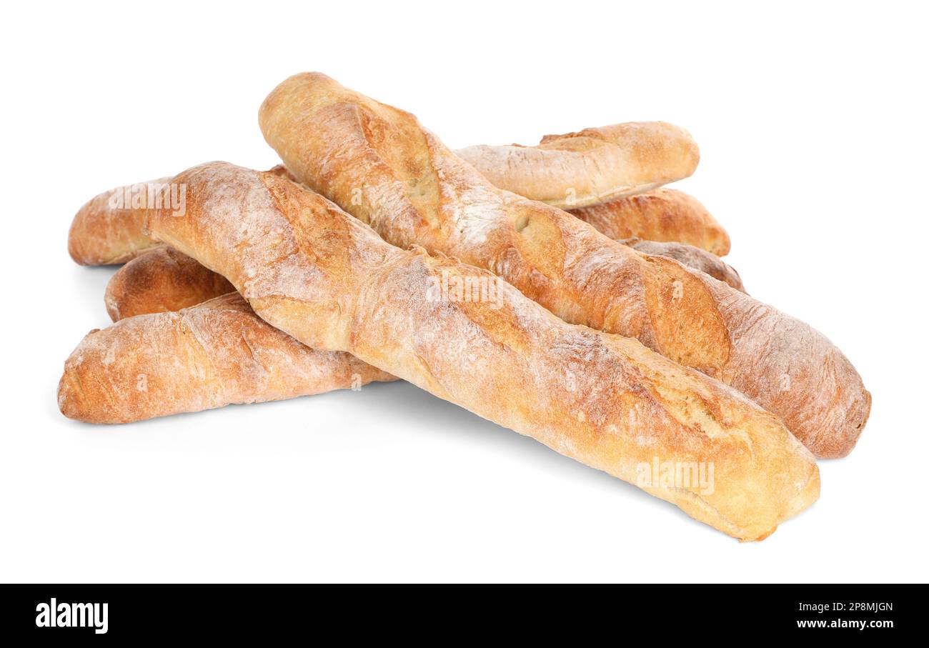 Crispy French baguettes on white background. Fresh bread Stock Photo ...