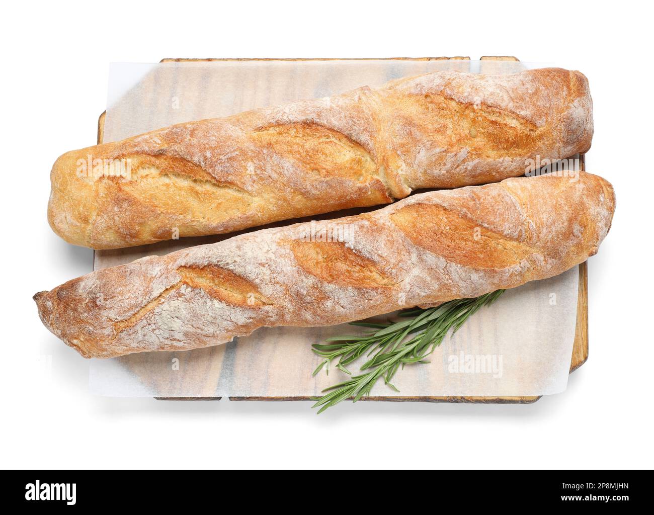 Crispy French baguettes with rosemary on white background, top view ...