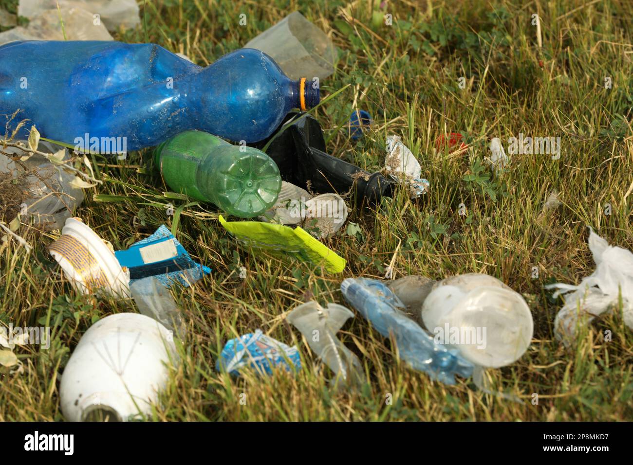 Garbage scattered on grass. Environment pollution problem Stock Photo ...